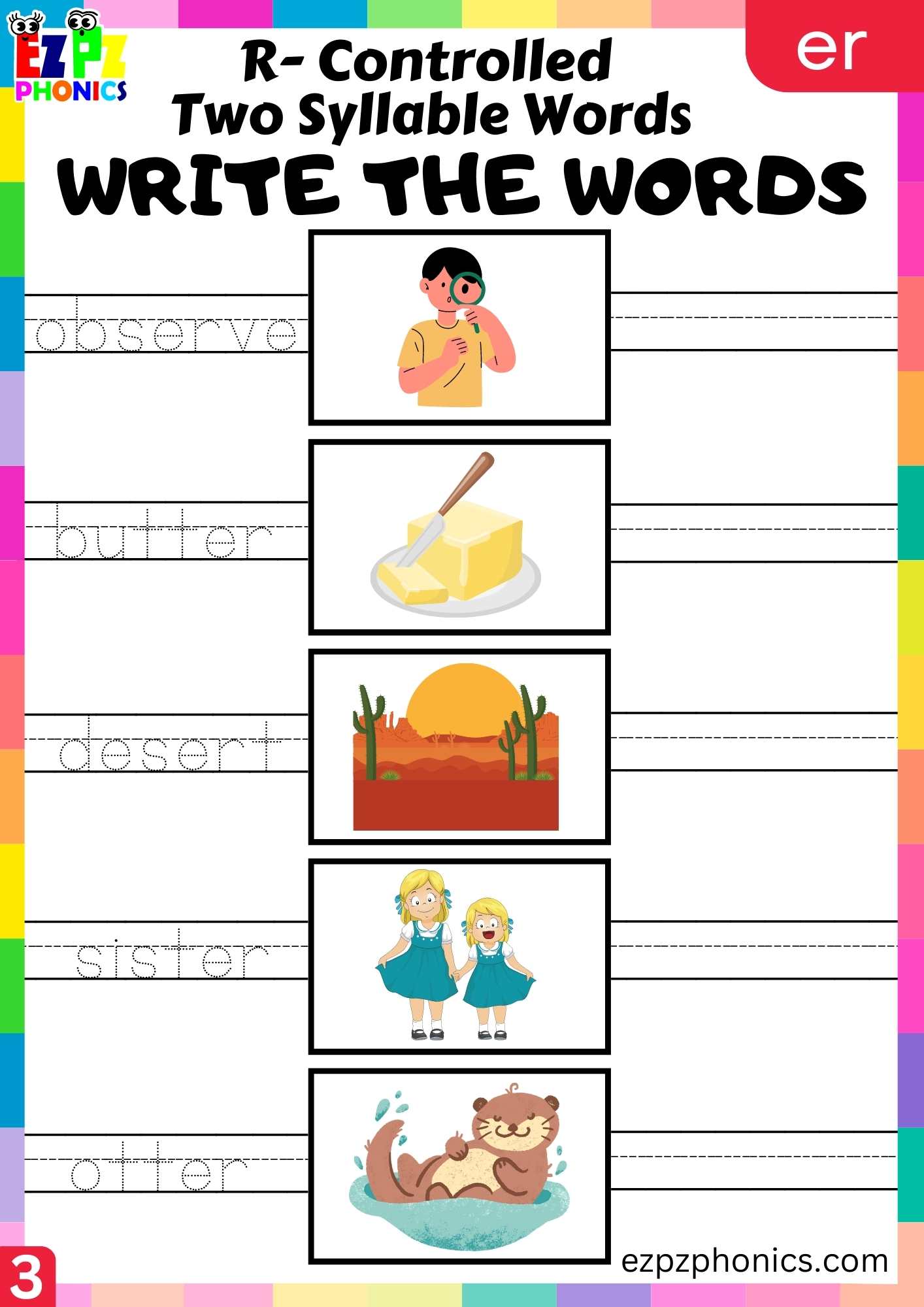 Write the words activity for two syllable er words R controlled vowels phonics group 3 ...
